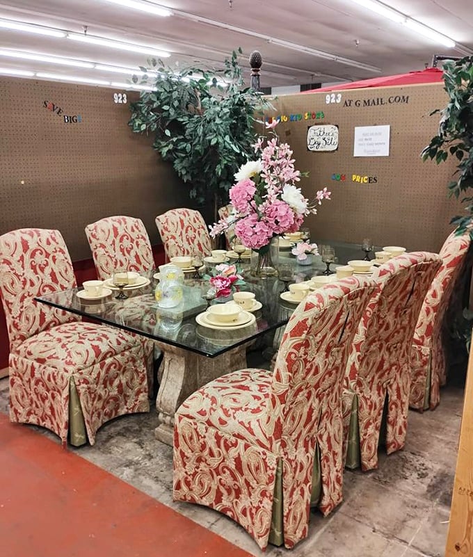 Formal dining elegance meets flea market prices. These red-patterned chairs have hosted fewer awkward family dinners than the ones waiting in your future.