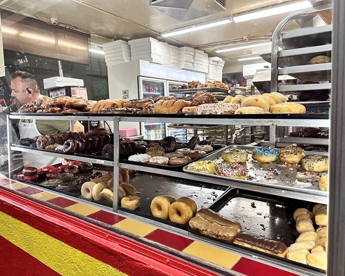 This display case is the jewelry store of the pastry world. Each donut a gem, waiting to be selected and treasured—briefly, before being devoured.