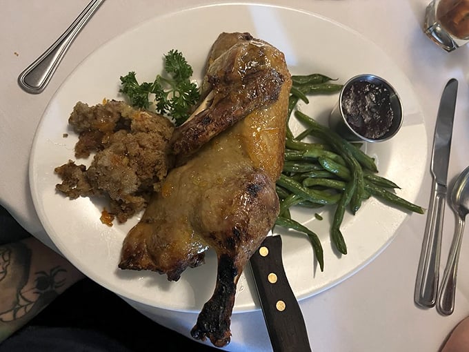 Duck that would make even the most sophisticated Parisian nod in approval, served with stuffing that steals the spotlight.