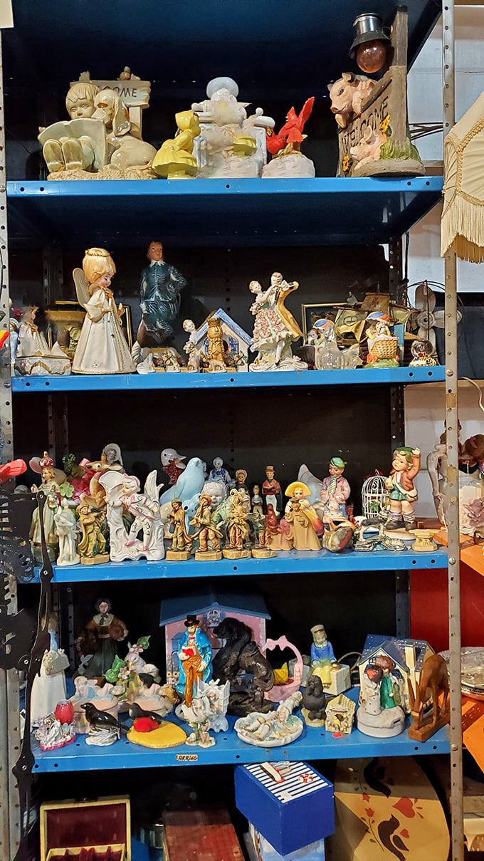 Figurines frozen in permanent expressions of surprise, joy, or contemplation—tiny ceramic witnesses to decades of changing home decor trends.