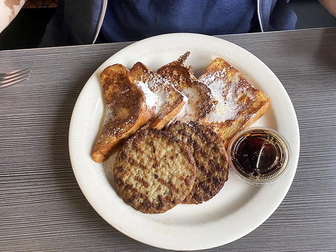 French toast and sausage patties that make you understand why breakfast is worth getting out of bed for, even on your day off.