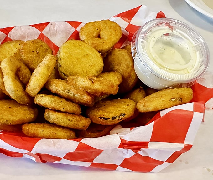 Fried pickles – the unexpected diner delight that converts skeptics into evangelists. Crispy, tangy perfection with a side of ranch.