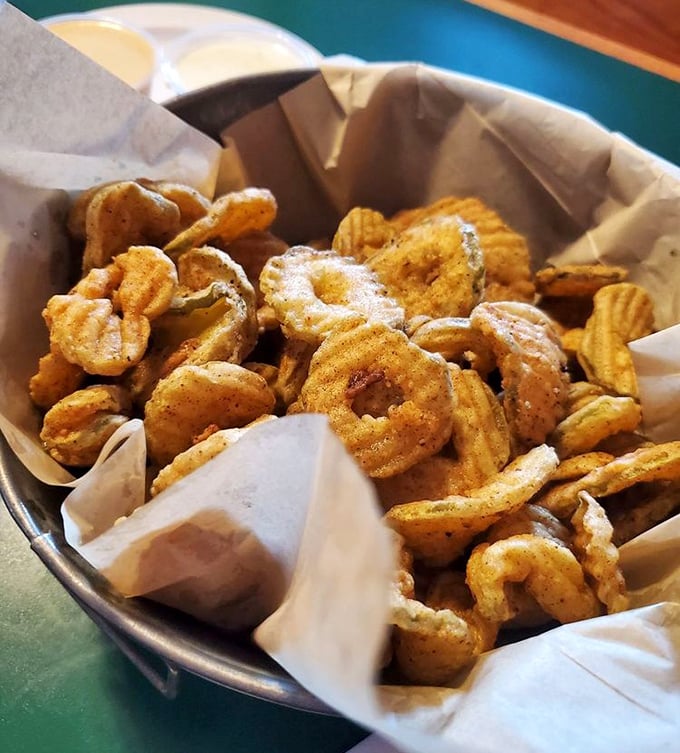 Fried pickles that crunch loud enough to turn heads—the perfect opening act before the meaty main event.