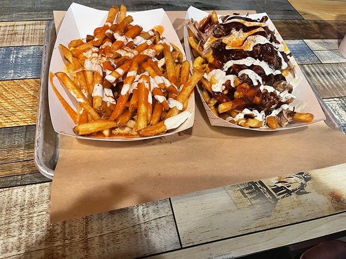 French fries elevated to art form—one basket naked, one loaded with meaty treasures and drizzles that defy all diet resolutions.