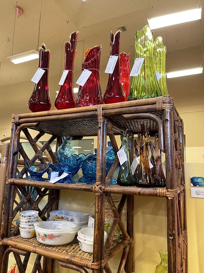 These vibrant glass vases on bamboo shelving could turn any windowsill into a mid-century masterpiece—just add sunlight for maximum effect.