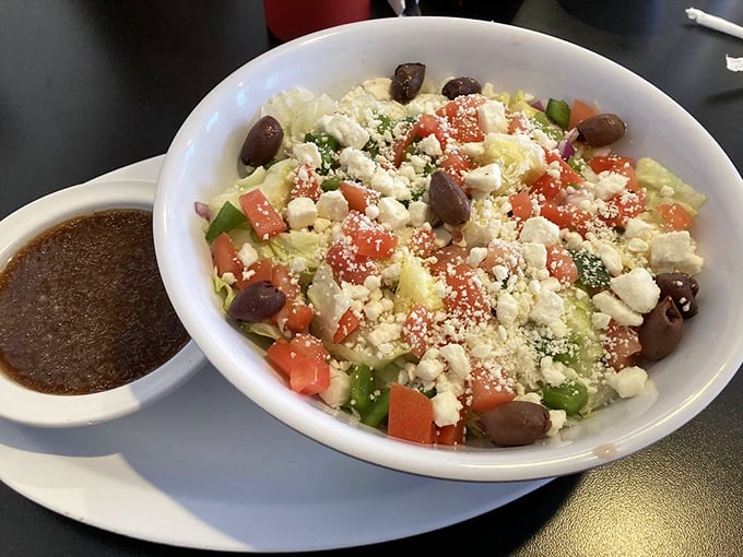 A Greek salad that brings Mediterranean sunshine to Ohio—proof that diners can do fresh and vibrant just as well as they do decadent.
