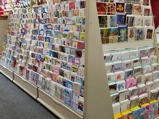The greeting card wall could stock a small stationery store. At these prices, you might actually send thank-you notes again.