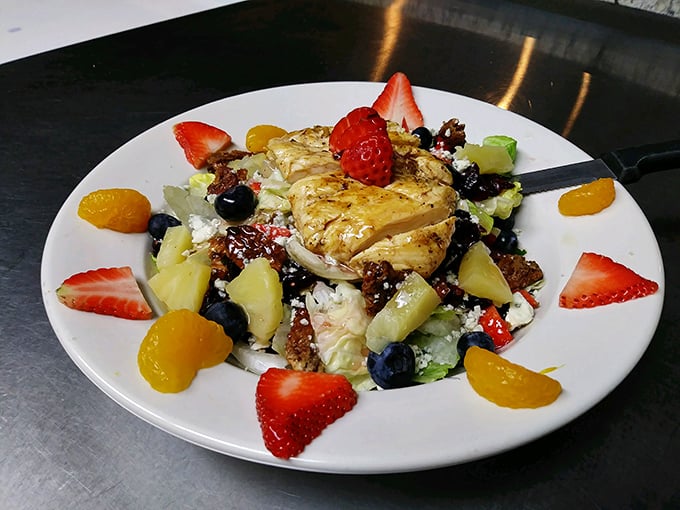 A salad that doesn't apologize for being healthy—it's too busy showing off with grilled chicken and a rainbow of fresh fruit.