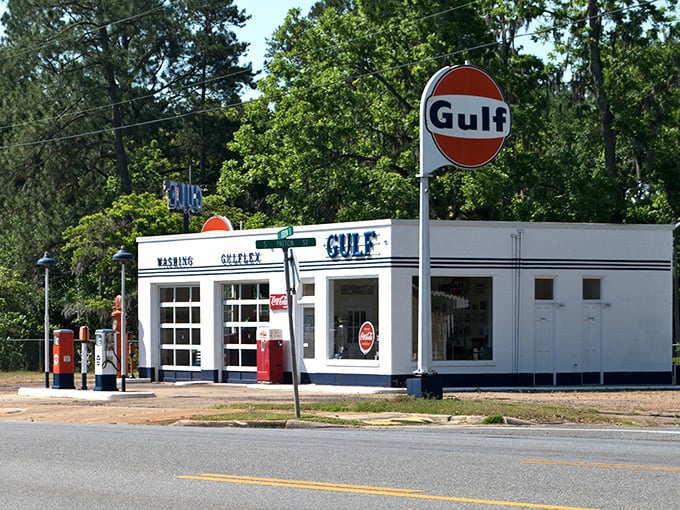 This pristine Gulf station looks like it's waiting for James Dean to pull up in a convertible—a perfectly preserved slice of Americana.