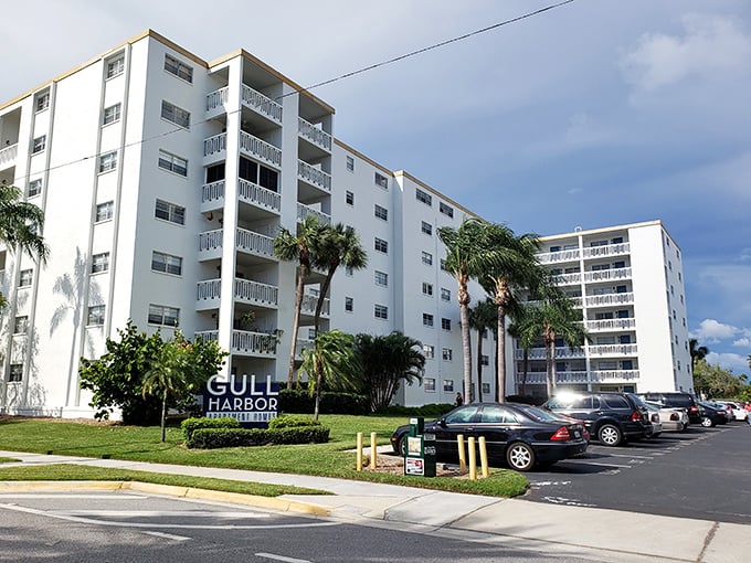 Gull Harbor's white buildings stand like sentinels guarding the Florida lifestyle—balconies facing the water, palm trees standing at attention.