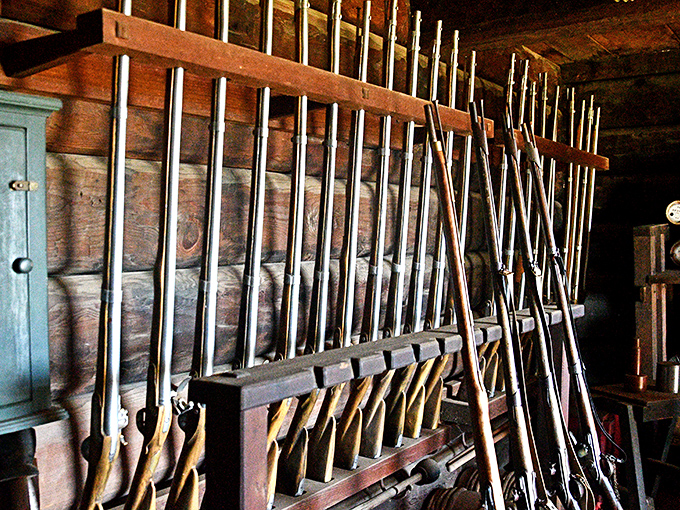 The fort's armory display reminds us that even paradise needed protection—these vintage firearms once guarded Russia's furthest colonial outpost.