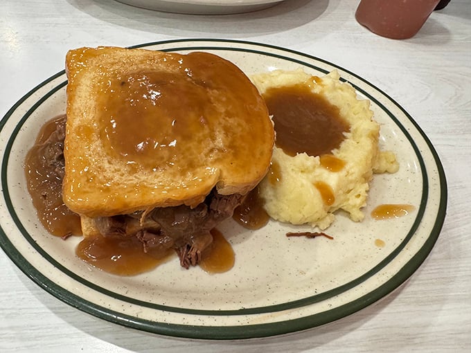 Hot roast beef sandwich with real mashed potatoes and gravy so good you'll want to write poetry about it—or at least take a very long nap afterward.