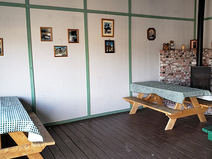 The wood stove in the corner isn't just decoration—it's the heart of this place during Sierra winters when snowcapped peaks demand warm bellies.