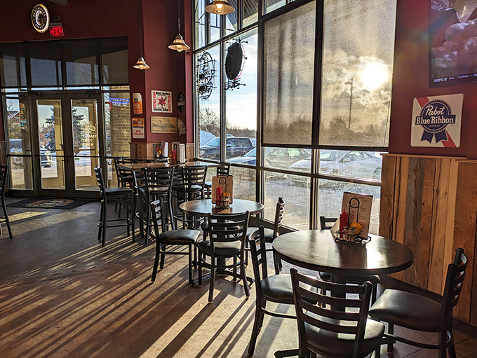 Sunlight streams through tall windows, creating the perfect ambiance for important decisions—like which burger to devour first.