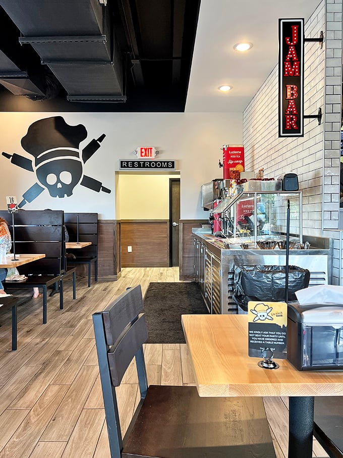 Clean lines and pirate skull remind diners that breakfast rebellion can look surprisingly sophisticated here.