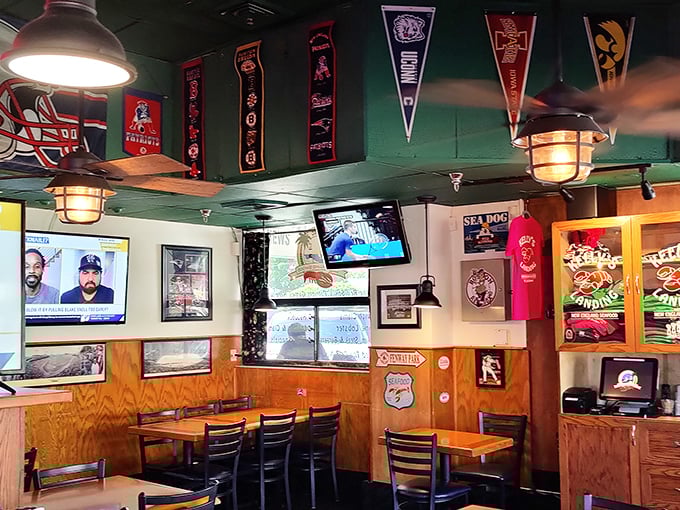 College pennants and sports memorabilia line the walls—it's like watching the game at your Boston uncle's house, but with better food.