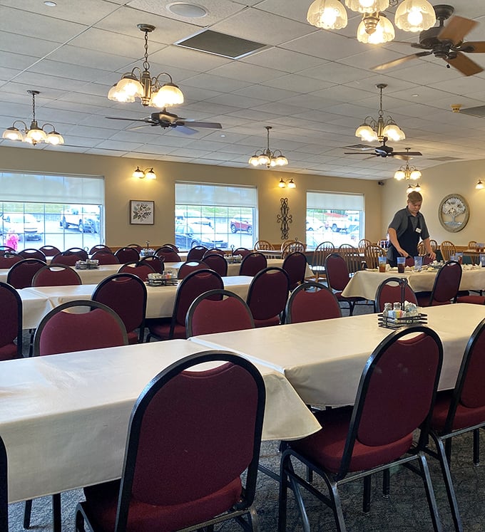 The dining room's warm lighting and simple decor create the perfect backdrop for the real star of the show—the food.