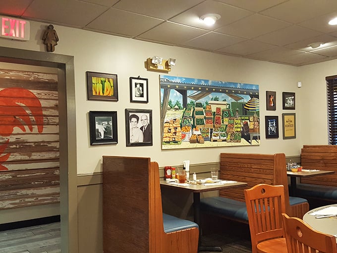 The wall art celebrates Fred's agricultural roots while wooden booths invite you to settle in. This is a place that knows exactly what it is.
