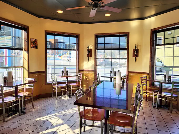Sunlight streams through windows in the turret dining area, creating the perfect backdrop for the meat-feast that's about to unfold.