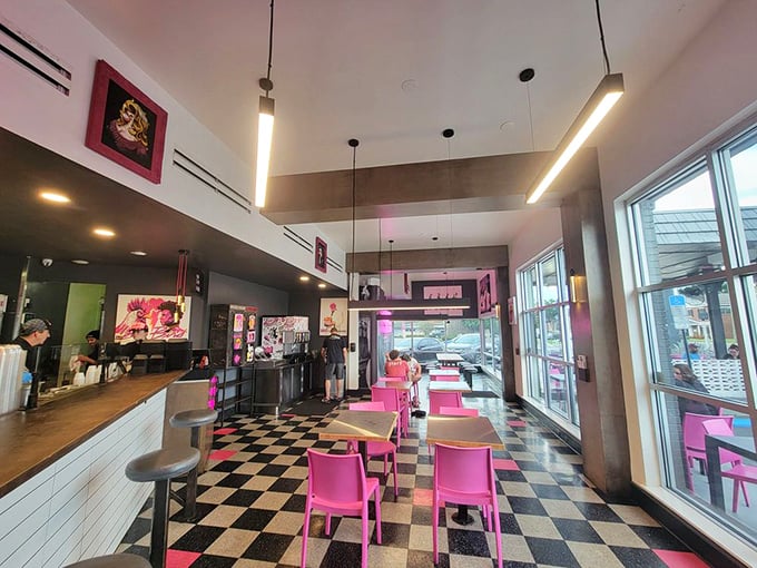 High ceilings, checkerboard floors, and enough pink to make Barbie jealous—this isn't your grandma's chicken joint, but she'd approve anyway.