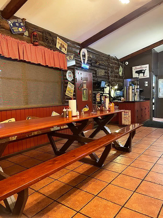 Red-checkered curtains and vintage signs aren't manufactured nostalgia here—they're just part of the authentic charm that comes with decades of service.