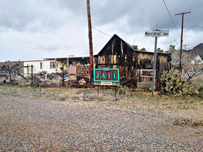The town jail stands as a crooked reminder that frontier justice once prevailed here – thankfully now just a photo op rather than your overnight accommodation!