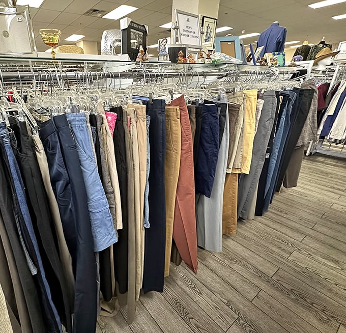 A rainbow of pants perfectly arranged by color—like a fashionable filing system for your lower half.