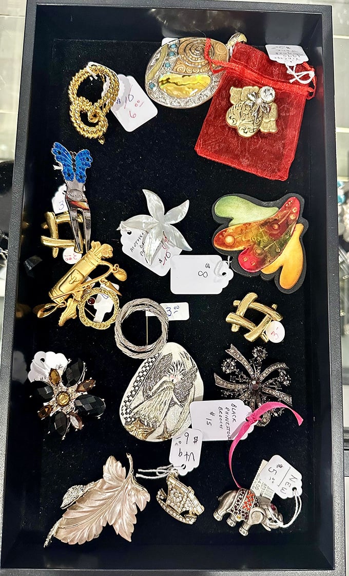 Treasure chest of vintage pins and brooches—each tiny masterpiece waiting to transform a simple outfit into a conversation starter.