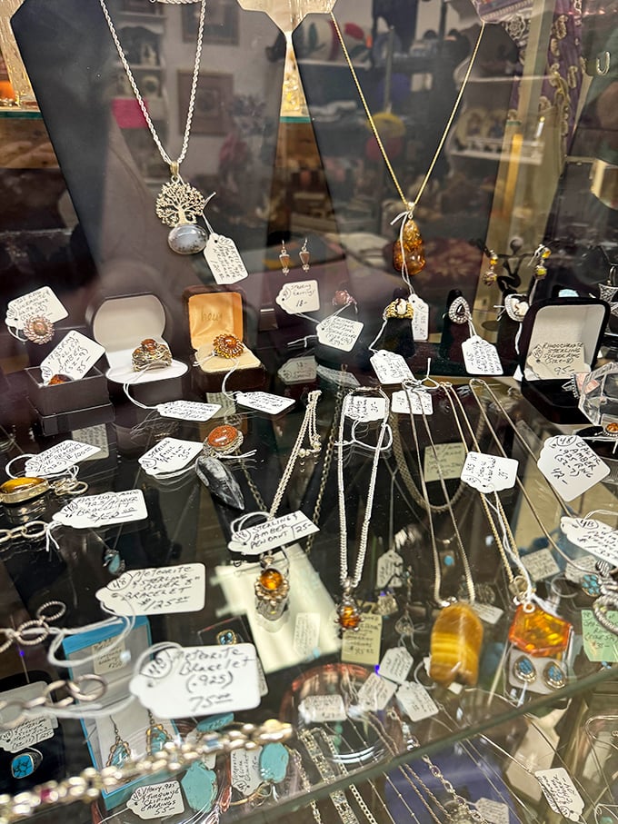 Jewelry that tells stories – each amber pendant and silver ring waits patiently for someone to recognize its vintage charm and give it a second life.