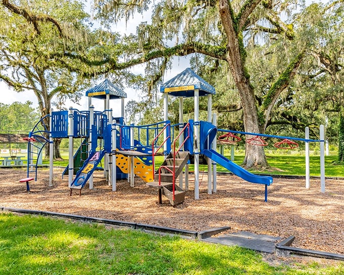 Beneath majestic oaks, this playground invites grandkids to experience childhood the old-fashioned way—with actual climbing instead of swiping screens.