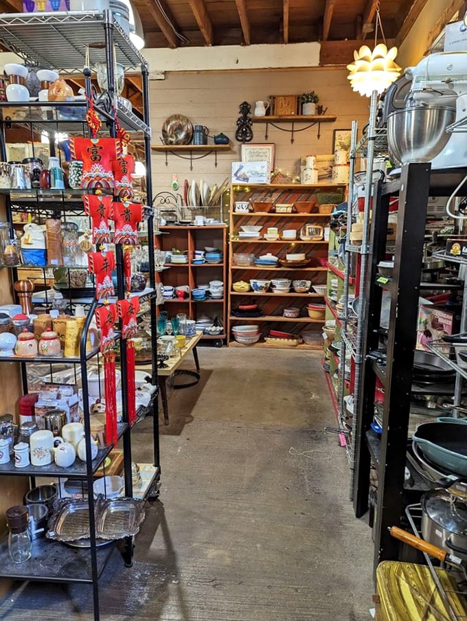 Kitchen implements from every era line these shelves. Your grandmother would recognize that casserole dish – and approve of its revival.