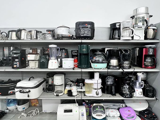 The small appliance section – where kitchen dreams and counter space limitations collide. More coffee makers than a barista convention.