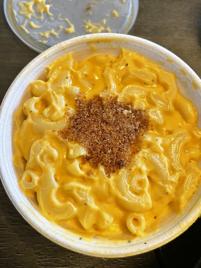 Mac and cheese that doesn't know it's a side dish—with that golden crown of breadcrumbs, it's staging a delicious coup against the main course.