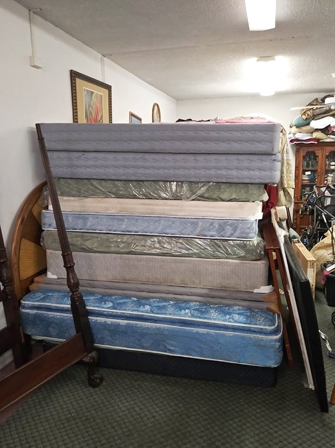 Mattresses stack like a princess-and-the-pea experiment, minus the royal price tags attached.