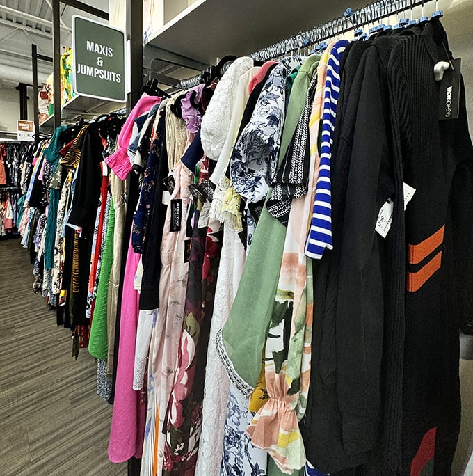 The maxi dress and jumpsuit section offers one-piece wonders that solve the eternal "what goes with what" fashion equation. One garment, infinite compliments.