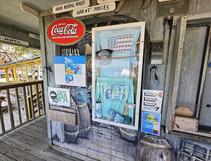 Old-school charm meets coastal necessity – where Coca-Cola signs and fishing supplies create the perfect Florida ambiance.