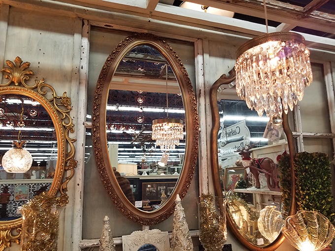 Mirrors that have reflected a century of outfit choices. That ornate oval beauty in the center has silently judged fashion decisions since before color television.