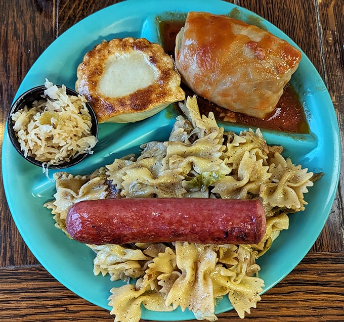 The blue plate special that would make your Polish grandmother nod with approval—complete with kielbasa and sauerkraut.