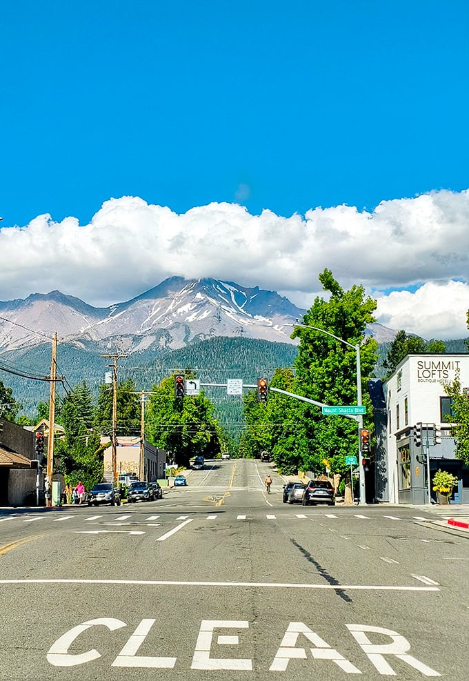 Mount Shasta commands attention at the end of the street – nature's skyscraper making human architecture look appropriately humble by comparison.