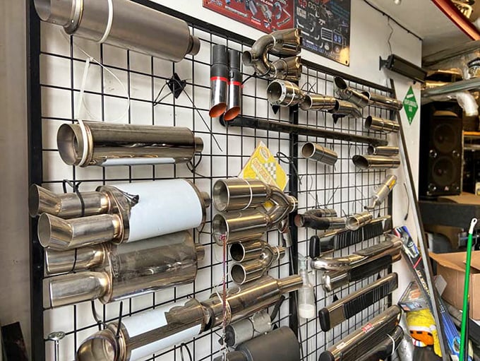 Car enthusiasts can find their mechanical zen among rows of gleaming exhaust pipes—proof that one person's auto part is another's industrial art.