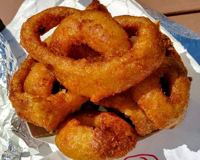 These onion rings aren't just side dishes; they're golden halos of crunch that deserve their own fan club and commemorative t-shirt.