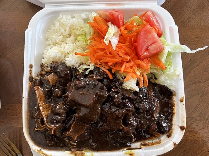 When oxtail stew meets fresh salad, it's like the perfect blind date—opposites attract in this container of comfort and crunch.