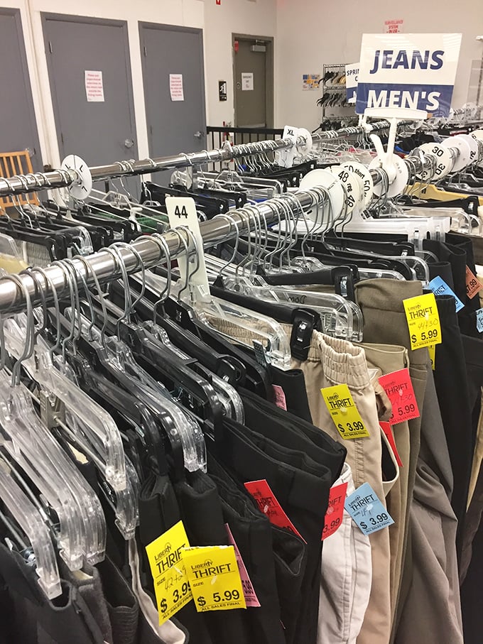 Men's clothing organized with military precision – where $5.99 can transform your wardrobe and those designer labels are hiding in plain sight.