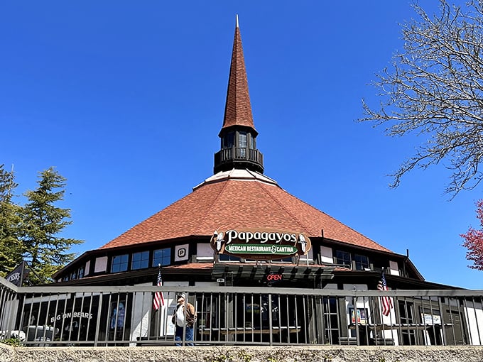Papagayos Mexican Restaurant's distinctive spire makes it impossible to miss. Tacos taste better at 5,000 feet elevation—scientific fact.