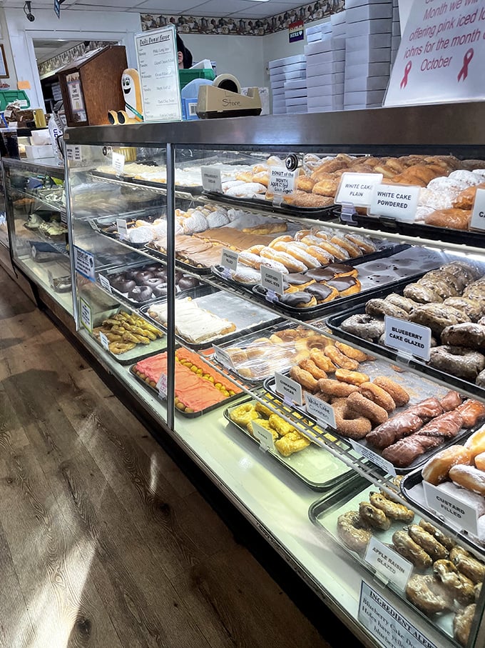 The display case—a magical realm where calories don't count and every shelf offers a different path to pastry nirvana.