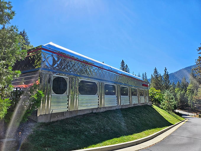 This classic silver diner car perched on the hillside isn't just serving meals—it's dishing up pure Americana with a side of mountain views.