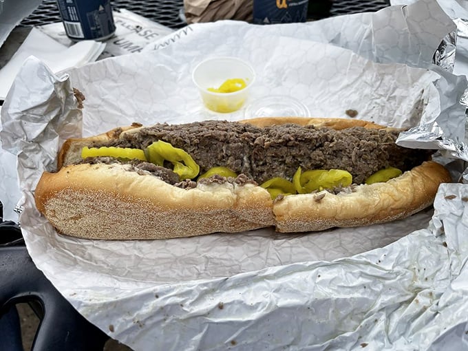 Hot peppers add a kick to this classic cheesesteak. In Philadelphia, this is what passes for "eating your vegetables."