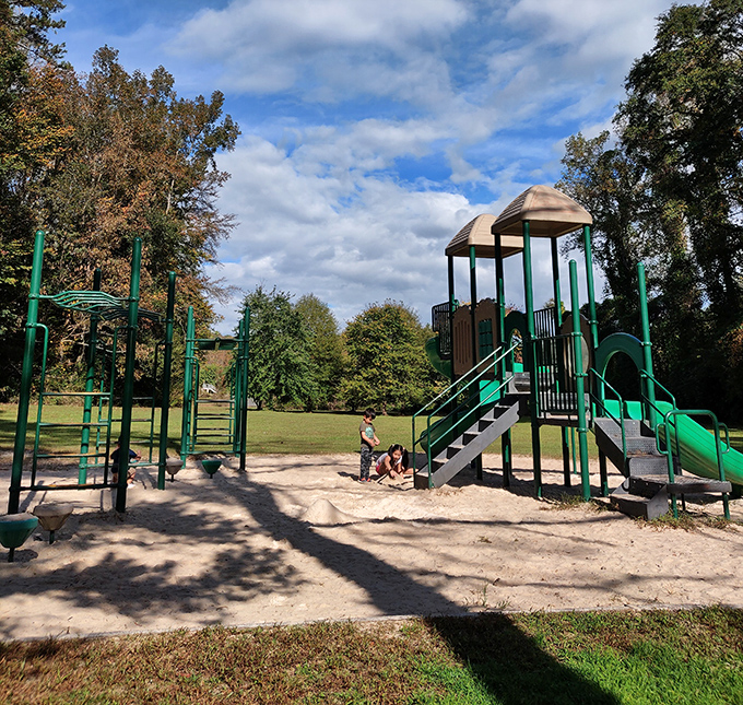 This playground proves that sometimes the simplest pleasures—like watching children navigate a slide—can bring the purest joy to a day trip.