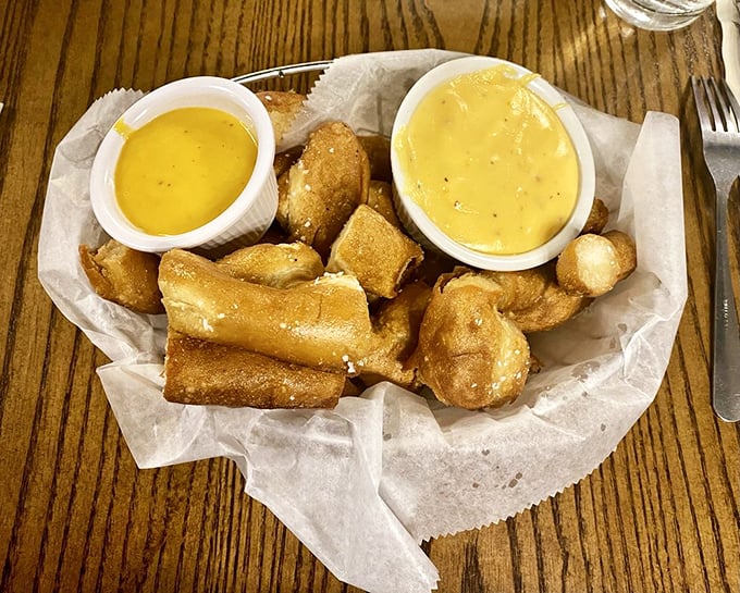 Pretzel nuggets with two dipping sauces—proof that good things come in small packages, especially when those packages are warm and salty. 