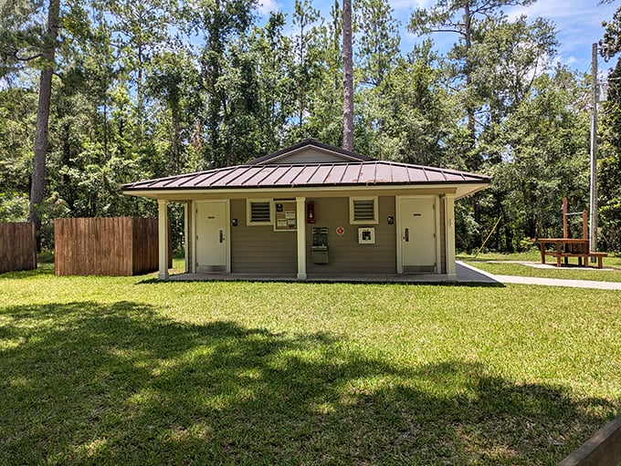 The park's restroom facilities – proving that even in paradise, practical matters must be addressed. Clean, well-maintained, and blissfully available when needed.